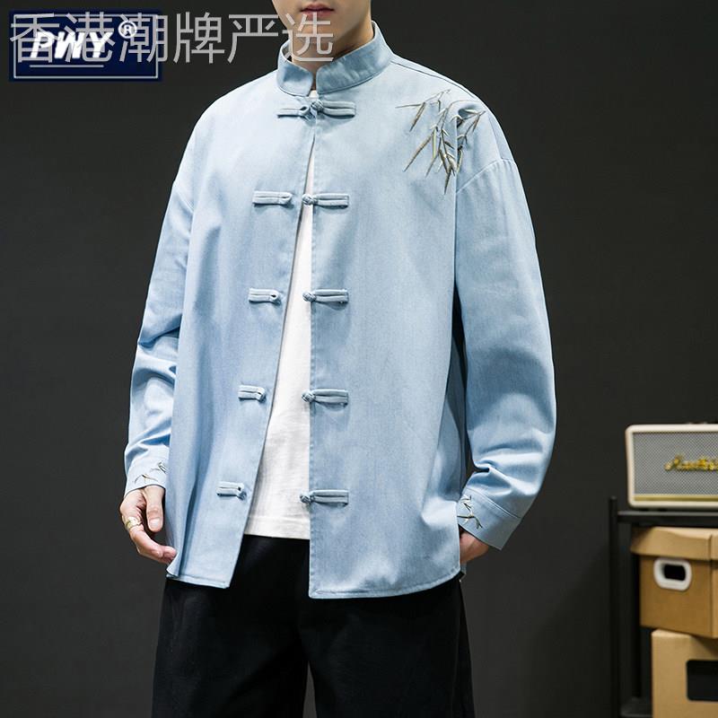 潮牌中国风刺绣牛仔衬衫男士春秋季立领中山装衬衣新中式盘扣唐装