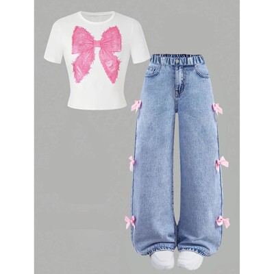 Youthful Girl Summer Bow Print Short Sleeve Bow Tie Jeans Tw