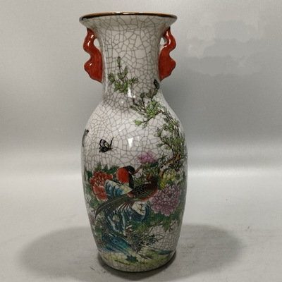 大清乾隆粉彩裂纹锦堂富贵双耳瓶中式摆件文玩古董仿古做旧瓷收藏