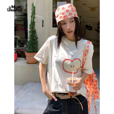 mostwanted IAPPLEYOU爱心涂鸦圆领短袖烫钻印花显瘦立体T恤女