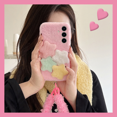 ins风彩色星星适用三星s25edge手机壳s24plus秋冬s23ultra毛绒s22+带s21fe挂链note20立体s10e毛茸茸十galaxy