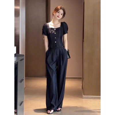 【两件套】2026春季新款女装薄款短袖上衣+阔腿休闲裤套装D2123