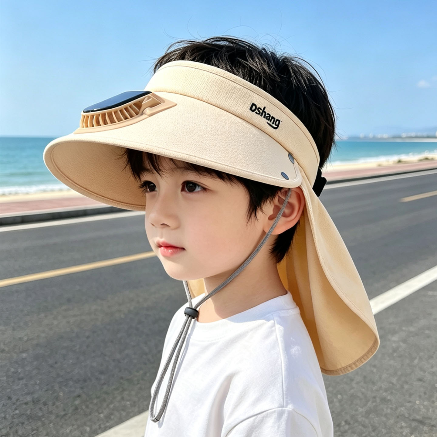 儿童防晒帽男童太阳能风扇帽带披肩夏季女童大檐防紫外线沙滩遮阳