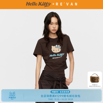 REVAN芮范黑皮HelloKitty减龄感棕调短款抽褶T恤RK31001026
