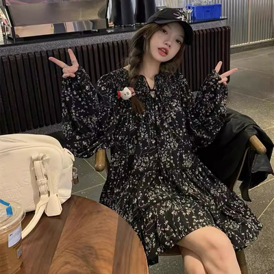 秋装新款大码女装碎花长袖连衣裙茶歇小个子打底短裙M-4XL200斤