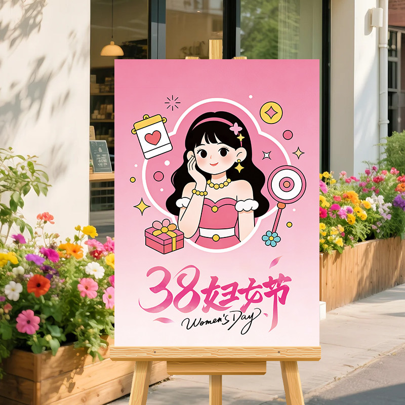 2026年妇女节38迎宾牌卡通粉色可爱主题装饰用品KT板节日装扮用品