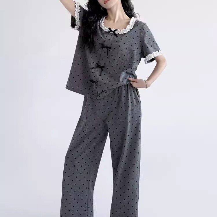 新款带胸垫睡衣女款春夏休闲圆点短袖长裤莫代尔可外穿家居服套装