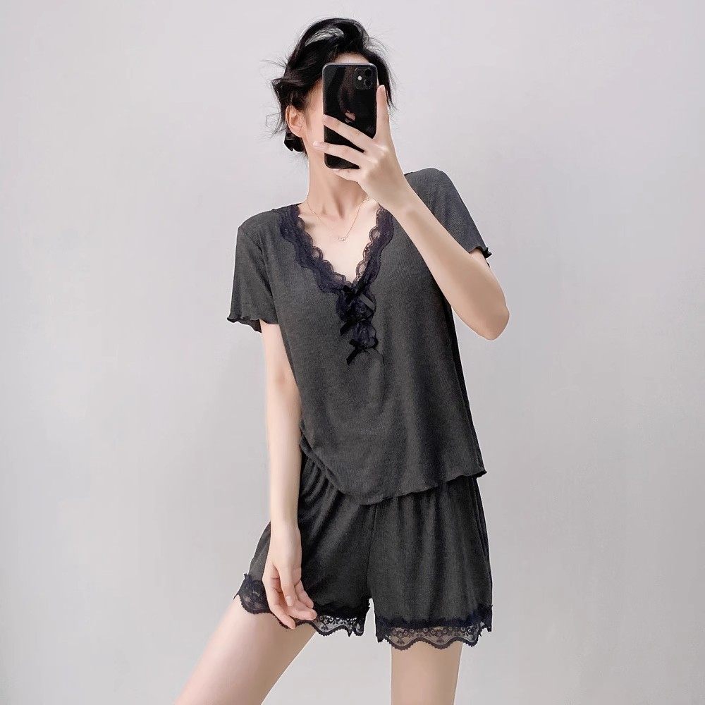 睡衣女款夏季莫代尔花边甜美家居服带胸垫短裤薄高级感套装可外穿