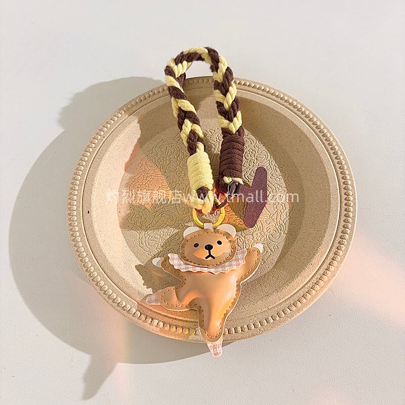超萌皮革卡其跳舞小熊手机挂件短款编织带随身携带挂链绳学生妹趣味可爱学生女款通用钥匙扣ccd便携腕带挂绳