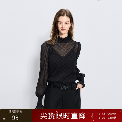 三彩丽雪leisure25秋新款立领半透视蕾丝衫复古灯笼袖套头小衫