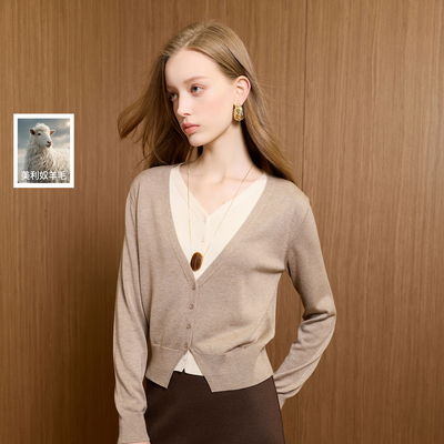 三彩丽雪leisure25秋新款撞色拼接针织衫V领假两件气质上衣简约女