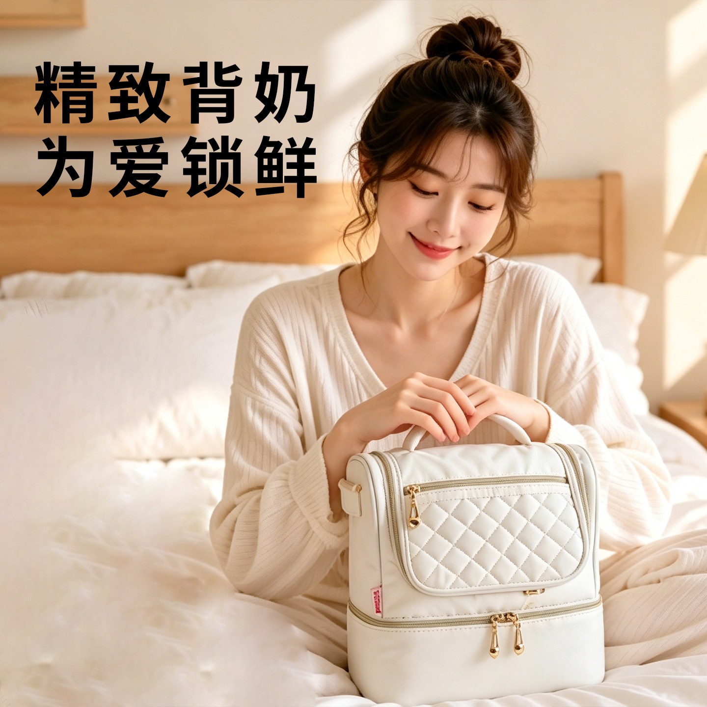精致背奶保温包袋女便携收纳包白色菱格纹双层奶瓶包配件袋