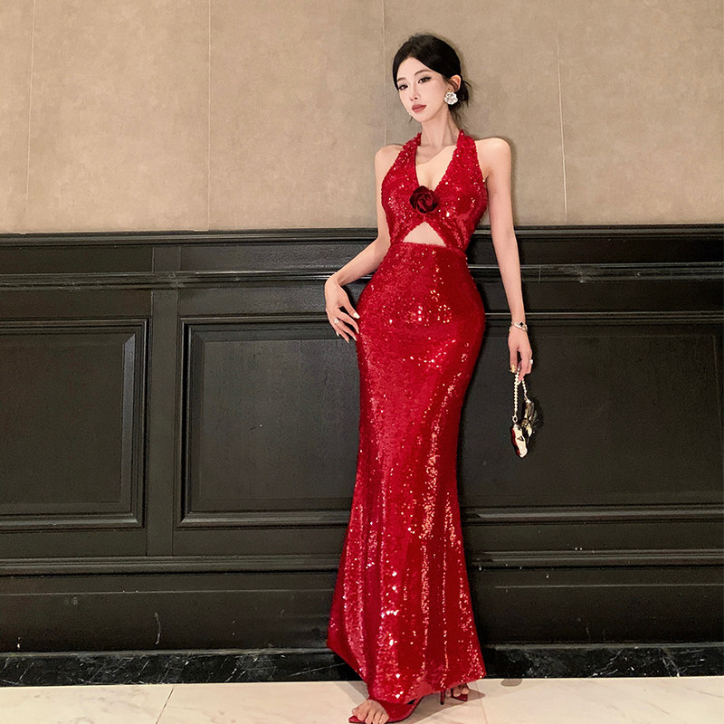 钟楚曦同款连衣裙红色敬酒服法式复古小众亮片裙订婚晨袍晚礼服裙