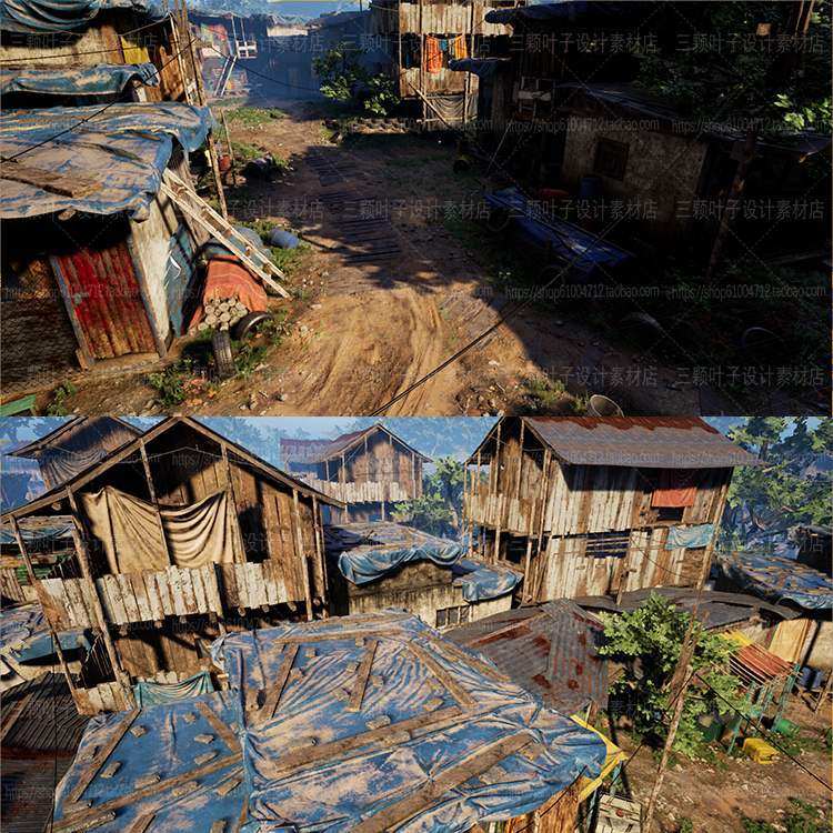 UE4虚幻3D场景资源山中的贫民村庄泥路木屋游戏美术CG素材7909_虎窝淘