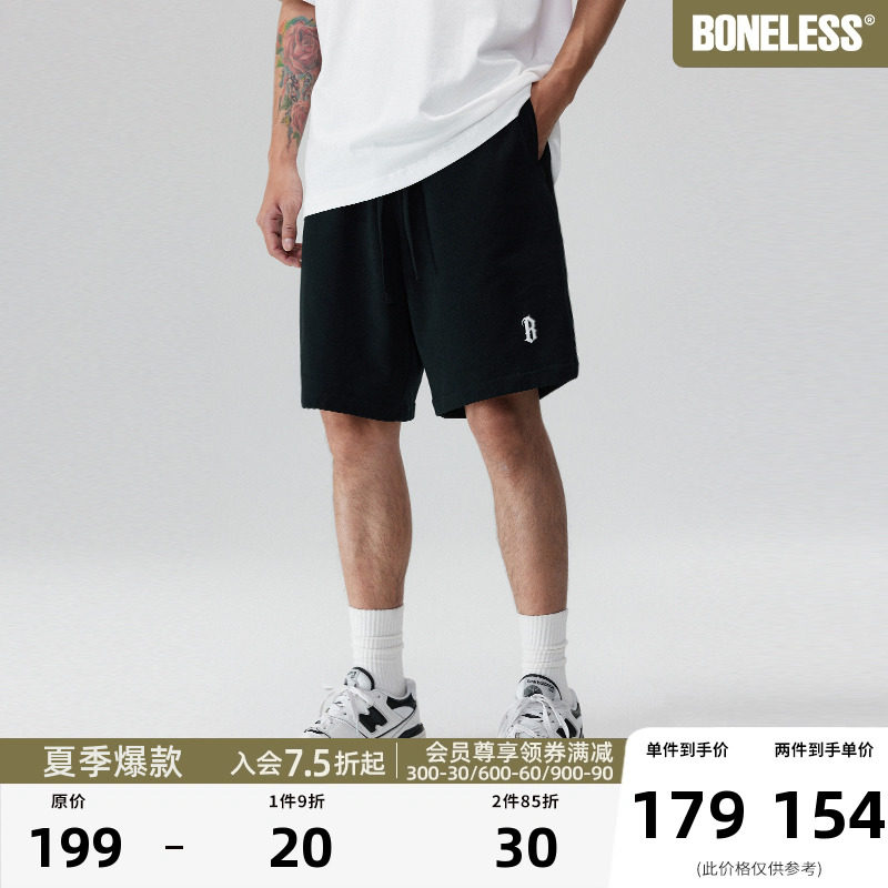 BONELESS基础logo字体运动短裤美式高街夏季休闲五分休闲卫裤潮_虎窝淘