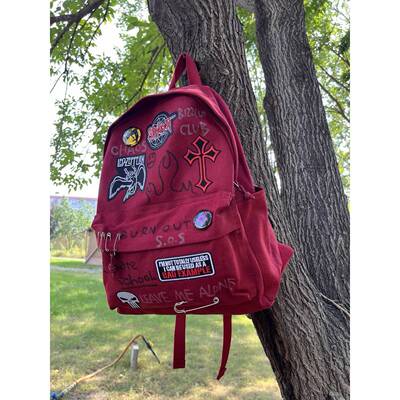 自制款酒红色摇K滚朋克Y2学大容量生课书包女双肩包休闲上包男