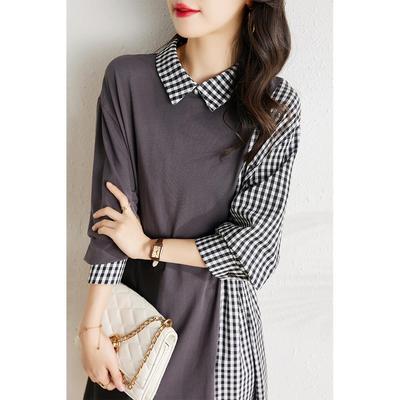 ROUMIKL春装2025年新款韩版时尚撞色拼接格子连身裙女收腰显瘦气