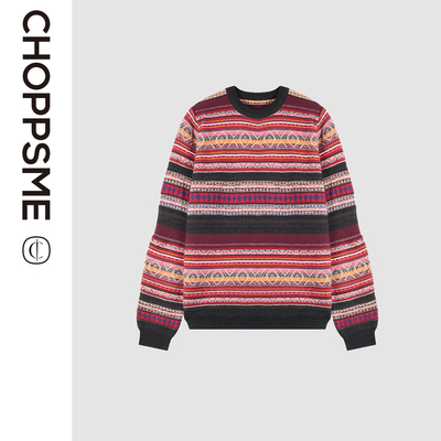 纯羊毛条纹杂花针织衫套头毛衣