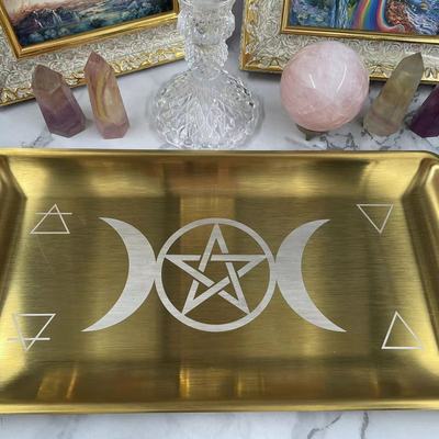 五芒星三相月地水火风四元素月亮不锈钢金属蜡烛台摆件水晶托盘