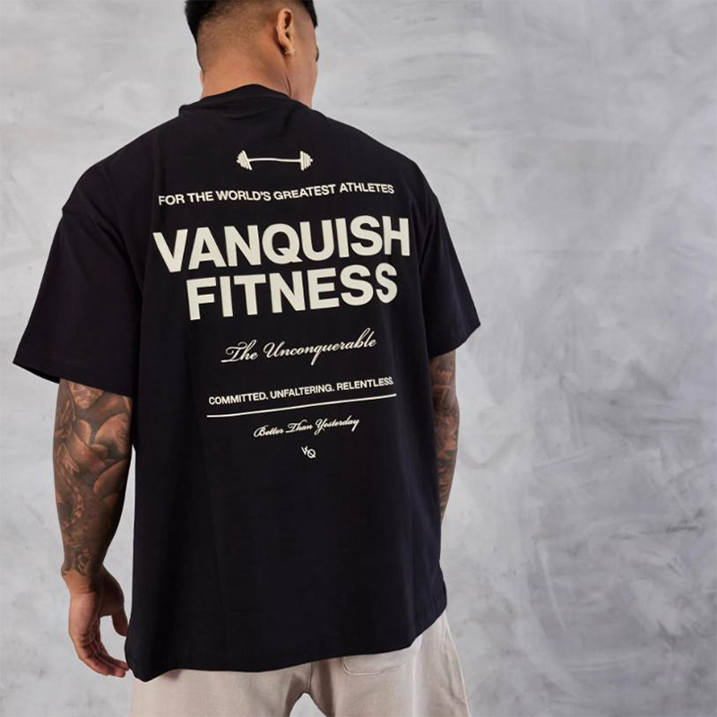 VANQUISH男士运动T恤舒适弹力宽松训练短袖跑步半袖VQ杠铃LOGO_虎窝淘