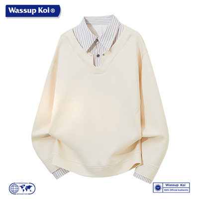 WASSUP美式假两件polo领卫衣男士