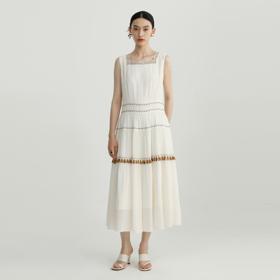 DYBULAFUN/戴布拉芬新款秋季无袖高级感时尚长款方领刺绣连衣裙女