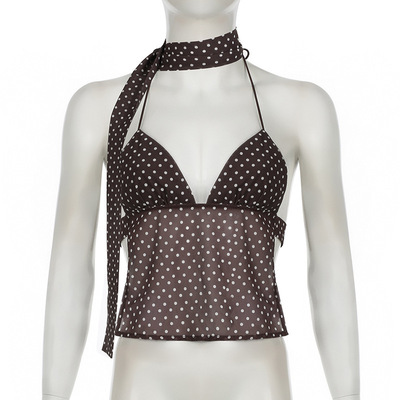 Women's polka dot print sexy V-neck scarf suspender tank top
