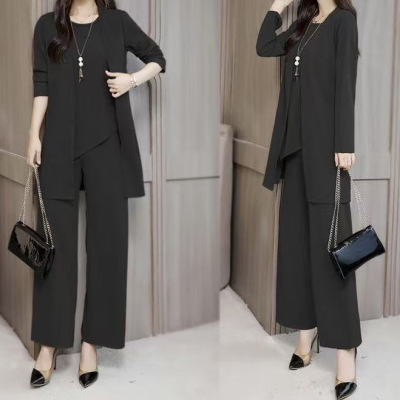 5XL plus size women's shawl+vest+wide leg pants 3-piece set