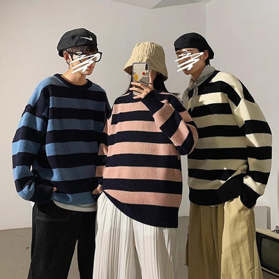 Sweater, loose knit sweater, striped thick base sweater毛衣