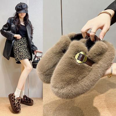 双带结厚底一脚蹬仙女风毛毛鞋女2024年秋冬新款百搭加绒棉鞋