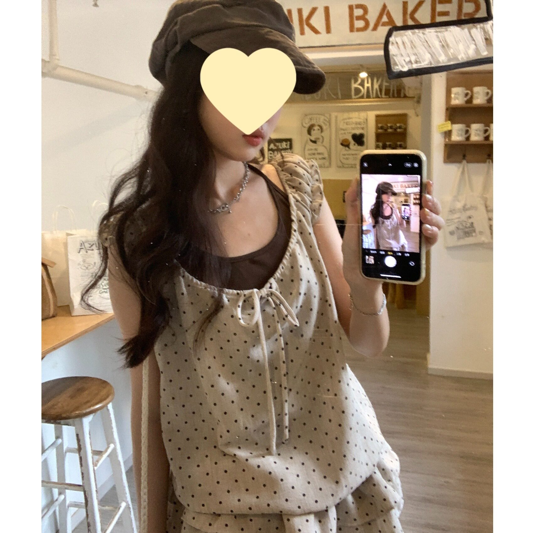 韩系波点挂脖下摆荷叶边收腰显瘦假两件上衣女夏新款