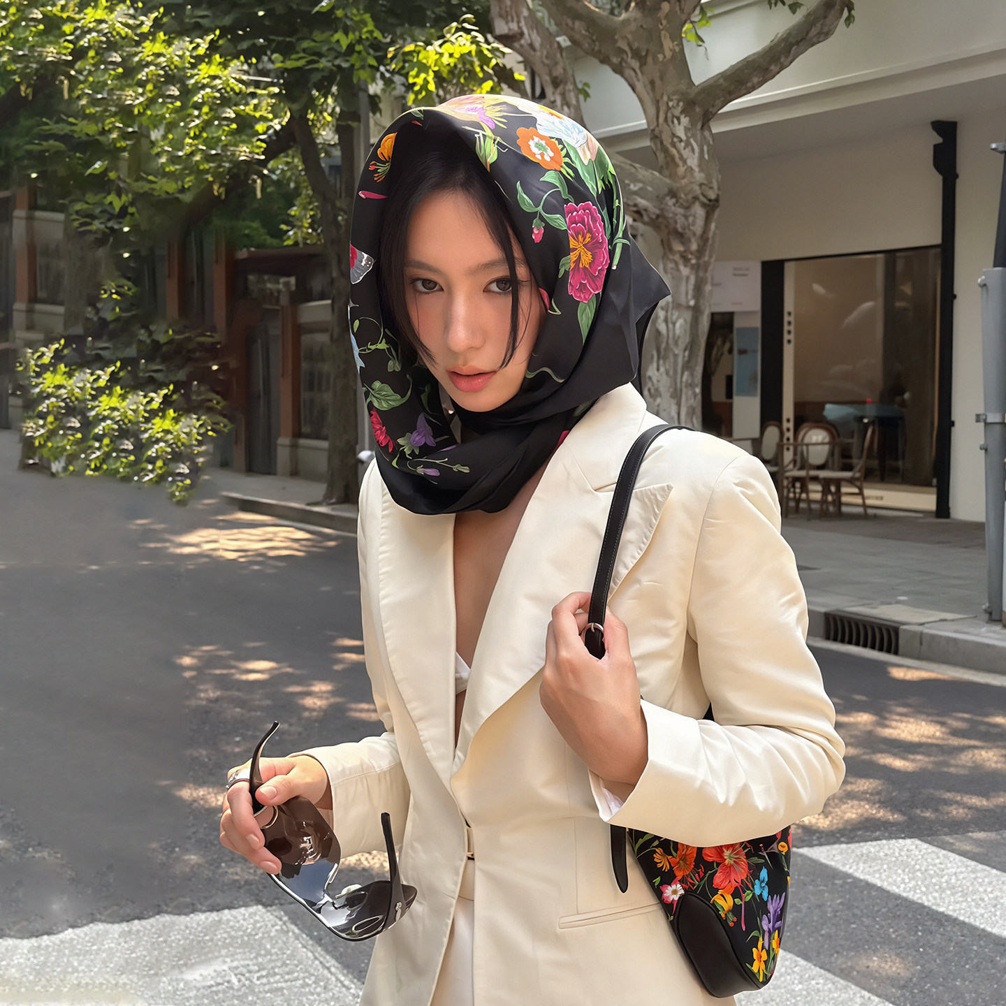 法式复古氛围感黑底彩色花朵印花头巾气质时尚高级感包头方巾遮耳
