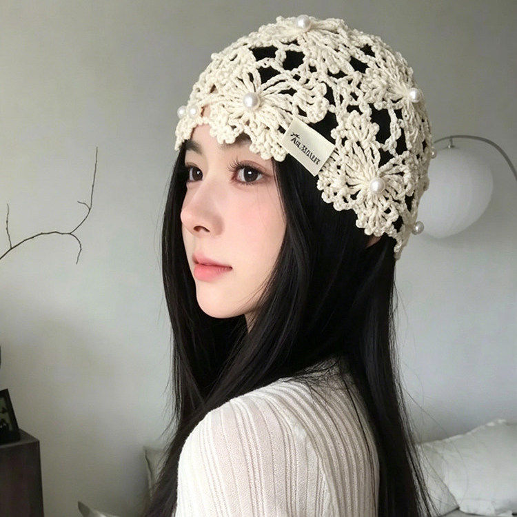 韩系温柔纯欲风手工编织镂空花朵包头帽女士精致甜妹百搭头巾遮耳