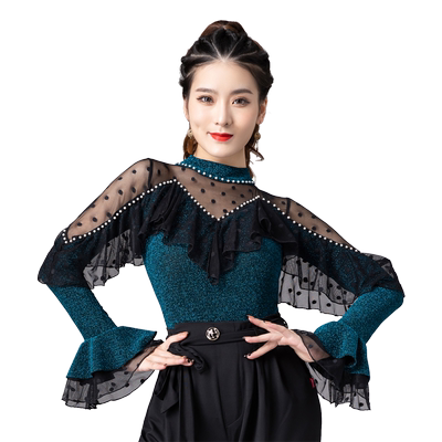 摩登舞交际舞拉丁舞衣女新款国标舞华尔兹荷叶长袖连体衣