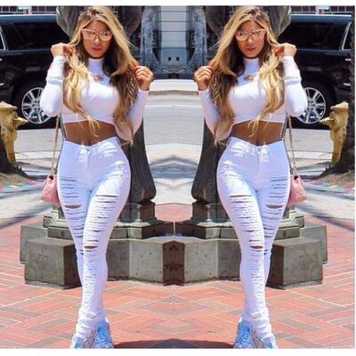Fashion Ripped Jeans High Waist Skinny White Pencil Jean