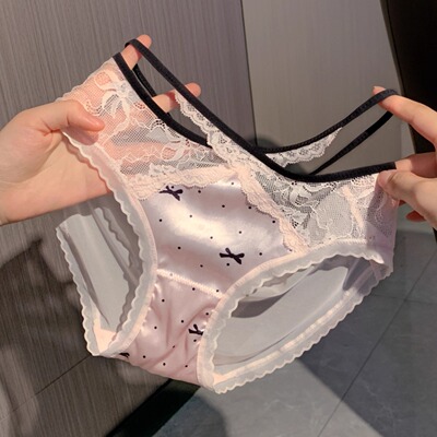 性感勾人粉色缎面绑带纯欲内裤女