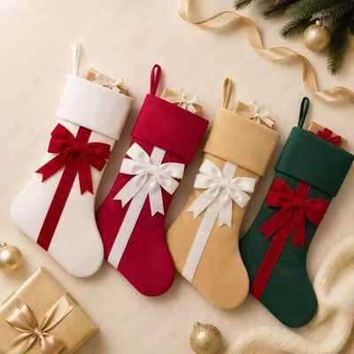 1× Folded Cuff Velvet Bow Tie Christmas Stocking Holiday