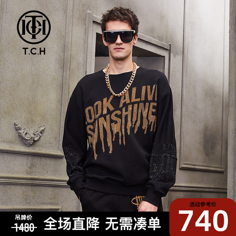 TCH轻奢潮牌字母翅膀烫钻黑金圆领卫衣男女同款T211116038_虎窝淘