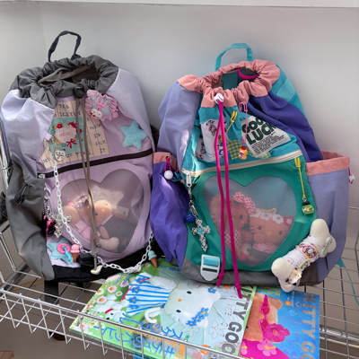 黑樱酱 日韩复古y2k辣妹甜酷撞色贴布慵懒抽绳百搭休闲痛包双肩包