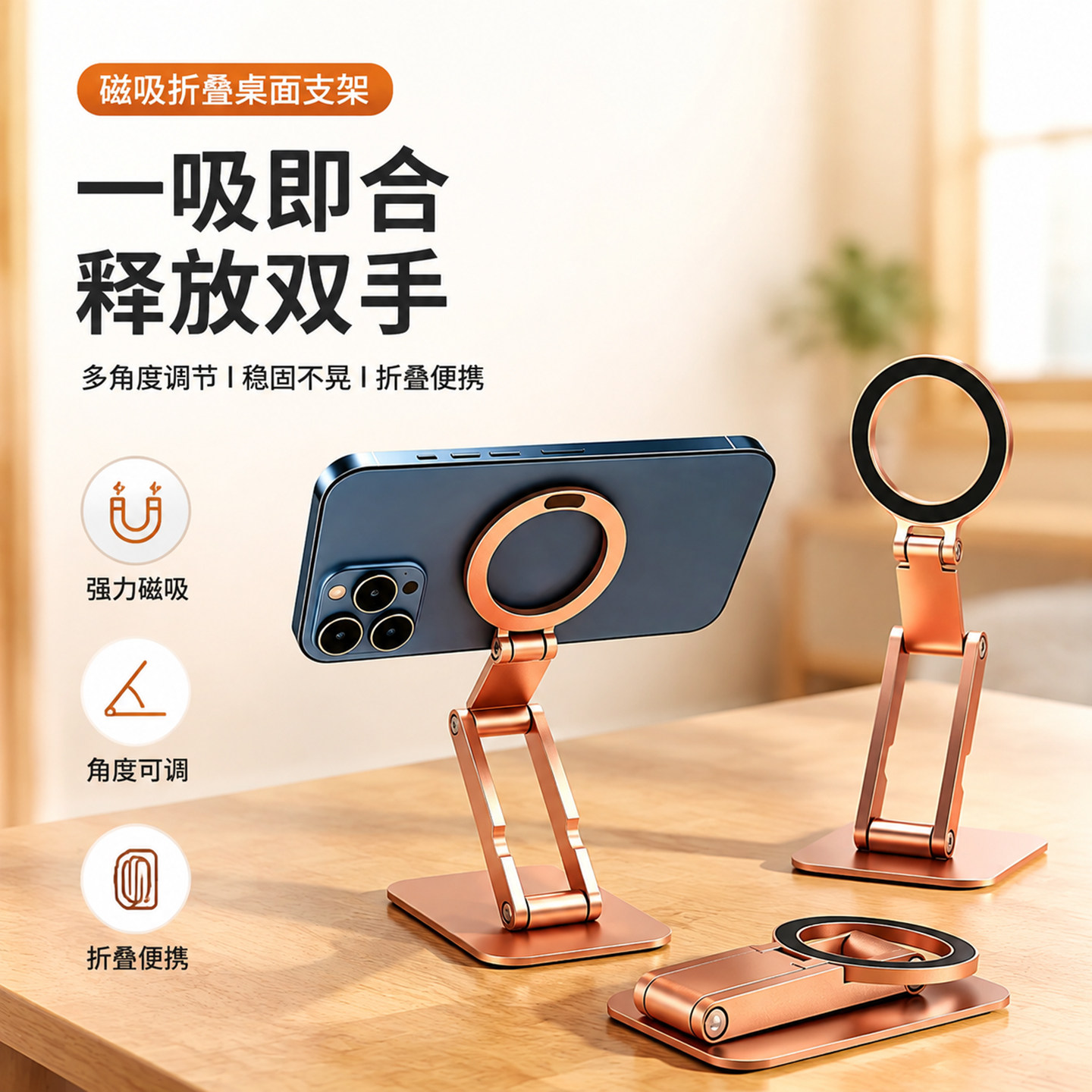 全金属360旋转折叠多角度MagSafe磁吸手机支架强磁力便携适用苹果iPhone12/13/14/15/16/17pro桌面直播支撑架