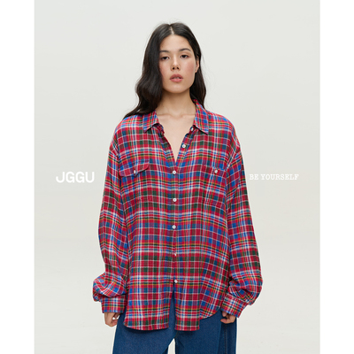 晶咕黑标JGGU【棉baby纱】定织撞色格纹衬衫女长袖时尚秋季上衣