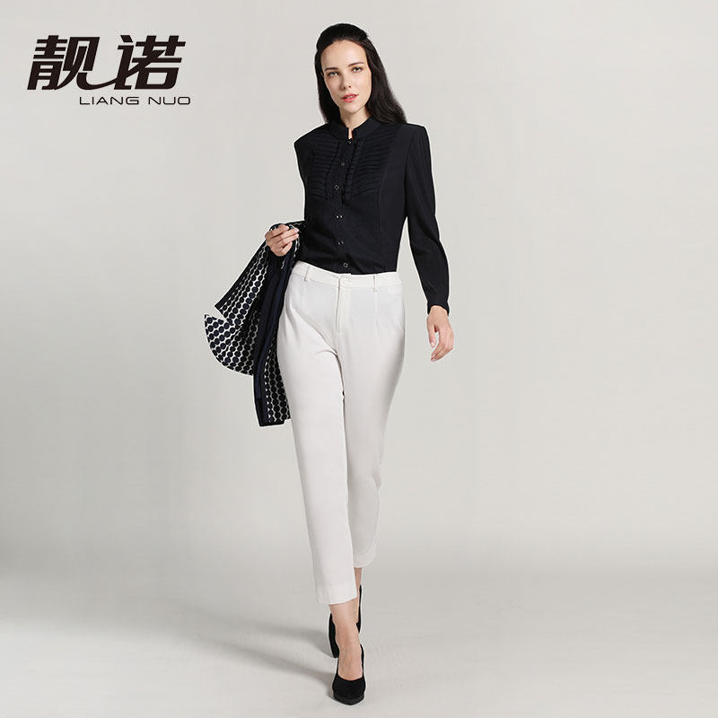 靓诺职业衬衫设计感秋冬藏蓝色压褶立领修身气质高档衬衣LC17312A