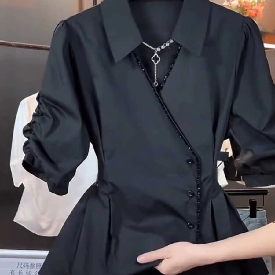 大码法式高级感泡泡短袖衬衫微胖mm显瘦v领气质收腰裙摆小衫上衣