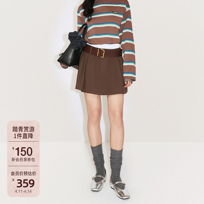 【董洁同款】OCHIRLY欧时力羊毛精纺A字半身裙短裙褶裙2024秋冬新