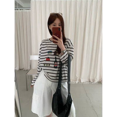 【奶思家NICE STUDIO】2026夏上新韩系卡通印花条纹长袖T恤L8823