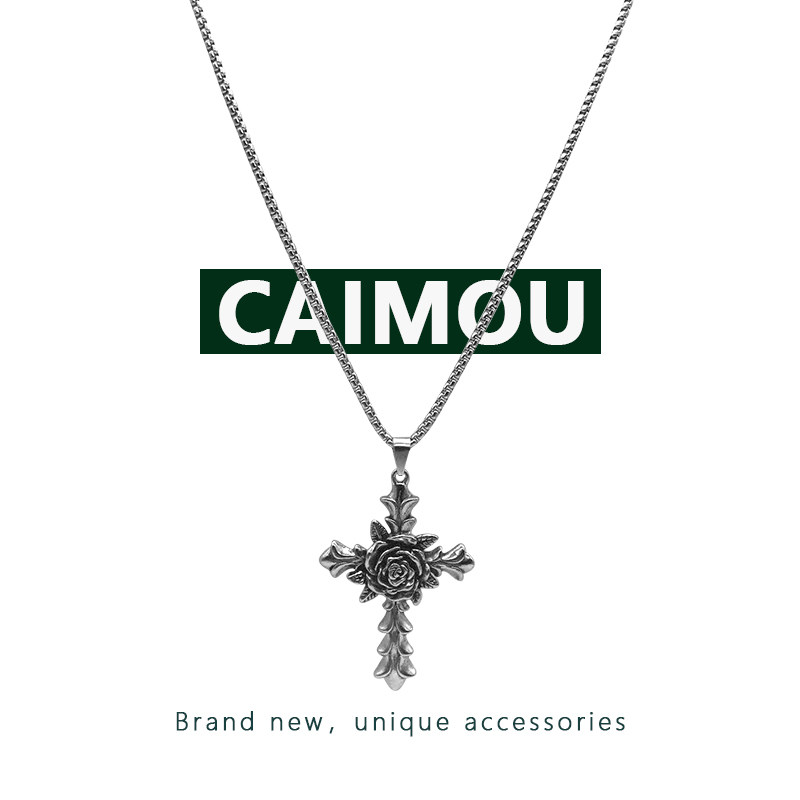 CAIMOU玫瑰十字架项链不掉色新款男女小众设计感吊坠酷蹦迪锁骨链
