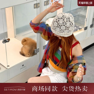 西町村屋镂空帽子女2025秋新款法式手工钩花文艺堆堆帽XAAC60010