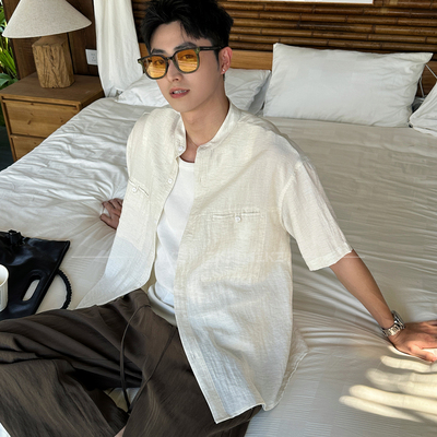 【静奢优雅】云纱定织吸湿透气亚麻老钱风潮流薄款短袖衬衫