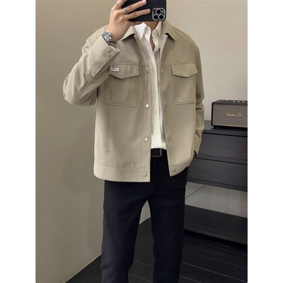 新品里奈男装 202n5春季新款轻薄肌理感夹克男士辑明线设计感翻领