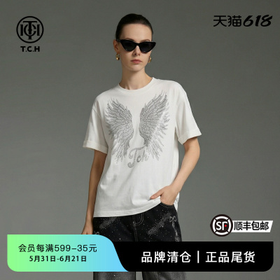 TCH卷边袖烫钻翅膀圆领短袖T恤